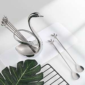 AnSaw Large Silver Swan Base Holder With 12 Pcs Silver Stainless Steel 7.4-Inch Leaf Coffee Spoons Set