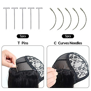 70 Pcs Wig Accessories Set 60Pcs Hair Extensions Wig Clips 7-Teeth Wig Combs with Cloth 6-Teeth U-Shape Metal Snap Clips 5 Curved Needles 5 T-Pins