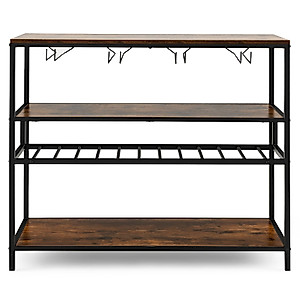 Giantex Industrial 4-Tier Wine Rack Table, 13-Bottle Wooden Wine Bar Cabinet with Wine Rack, 20 Glasses Holder, Wine Storage Rack with Metal Frame, Wine Rack Freestanding Floor, Rustic Brown