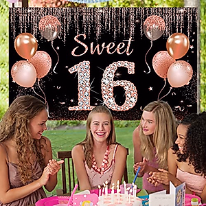 Sweet 16th Birthday Banner Decorations with Confetti Balloon Arch Garland, Rose Gold Happy 16 Birthday Backdrop Balloon Kit Party Supplies for Girls, Sixteen Year Old Bday Photo Booth Decor
