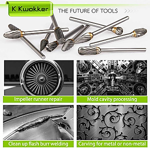 K Kwokker Tungsten Carbide Burr Set 1/8 Shank Diamond Files HRA85 Rotary Tool Accessory Kit, Drill Chucks Accessories for Dremel Rotary Drill Air Die Grinder for Metal Polishing, Wood Carving