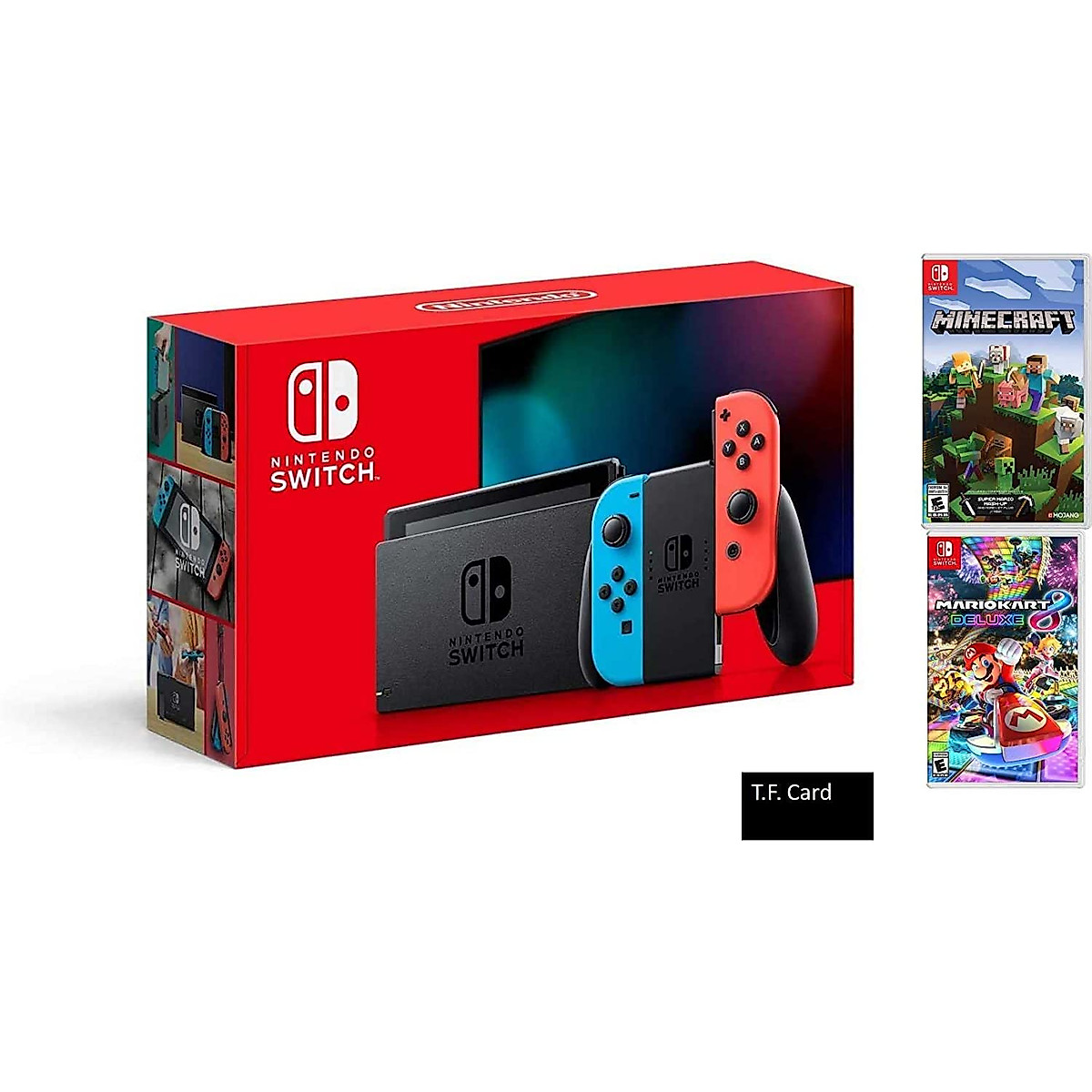 Nintendo Switch Deluxe Holiday Game Bundle: Nintendo Switch with Neon Blue and Neon Red - 6.2" Touchscreen LCD Display + Nintendo Switch Minecraft game + Mario Kart 8 game and T.F. Card