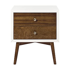 Babyletto Palma 2-Drawer Nightstand with USB Charging Port, Mid-Century, Warm White/Walnut