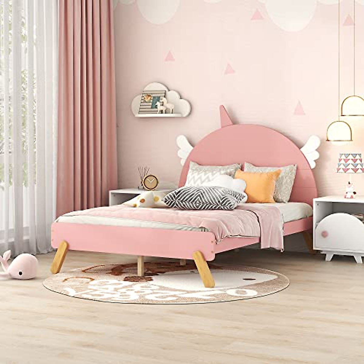 SOFTSEA Pink Full Bed Frame for Girls, Kids Cute Bed Frame Full Bed Frame with Headboard, Wood Platform Bed Frame for Kids, No Box Spring Needed Easy Assemble