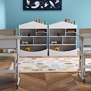 RASOO Kids Bookshelf with Storage Toy Storage Organizer with Bookcase, 4-Tier Freestanding Open Multi-Bins Toys&Books Display Organizer for Playroom, Bedroom, Nursery, School, White