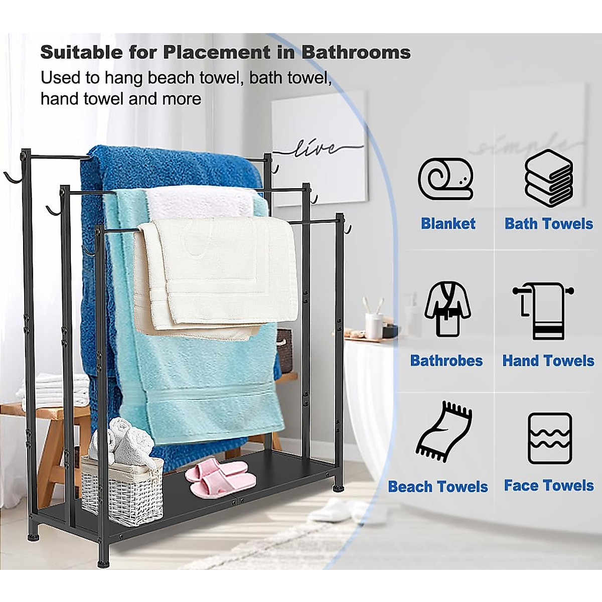 AnBaiMei Extra Large Free Standing Towel Rack with Metal Storage Shelf & 6 Hooks for Bathroom, 3 Tiers Heavy Duty Blanket Drying Stand Holder for Outdoor Pool, Bedroom, Living Room, Black