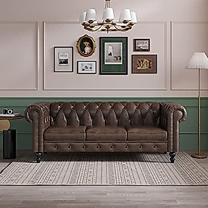 MGH Chesterfield Sofas, 83" PU Couch,Tufted 3 Seats Living Furniture, Mid-Century Sofa Couch Daybed for Living Room and Bedroom (Brown-2)
