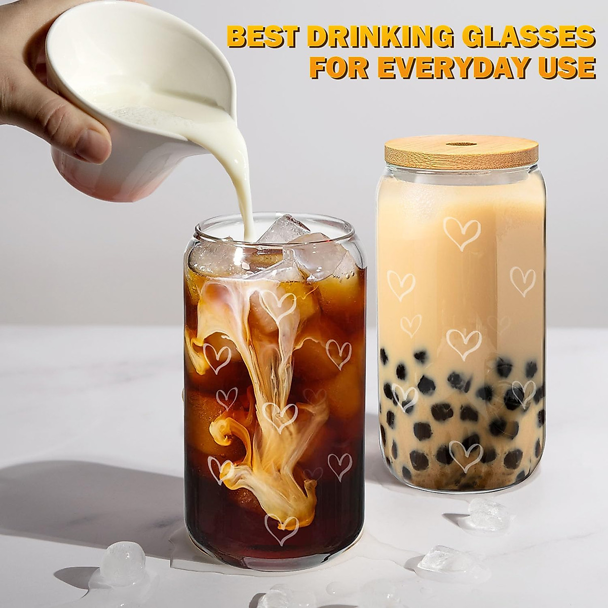 Heart Patterened Iced Coffee Cup with Bamboo Top + Glass Straw | 16oz Can Shaped Glass | Smoothie Glass | Cute Tumbler Cup
