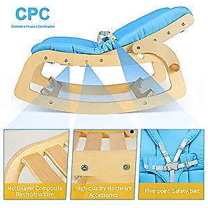 MallBest 3-in-1 Baby Bouncer Adjustable Wooden Rocker Chair Recliner with Removable Cushion and Seat Belt for Infant to Toddler (Blue)