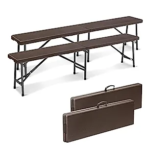Todeco 2Pcs Folding Benches, 6 Ft Portable Foldable Bench Seat for Soccer Camping Picnic Party with Carrying Handle, Suit for Indoor & Outdoor, Brown Imitated Rattan