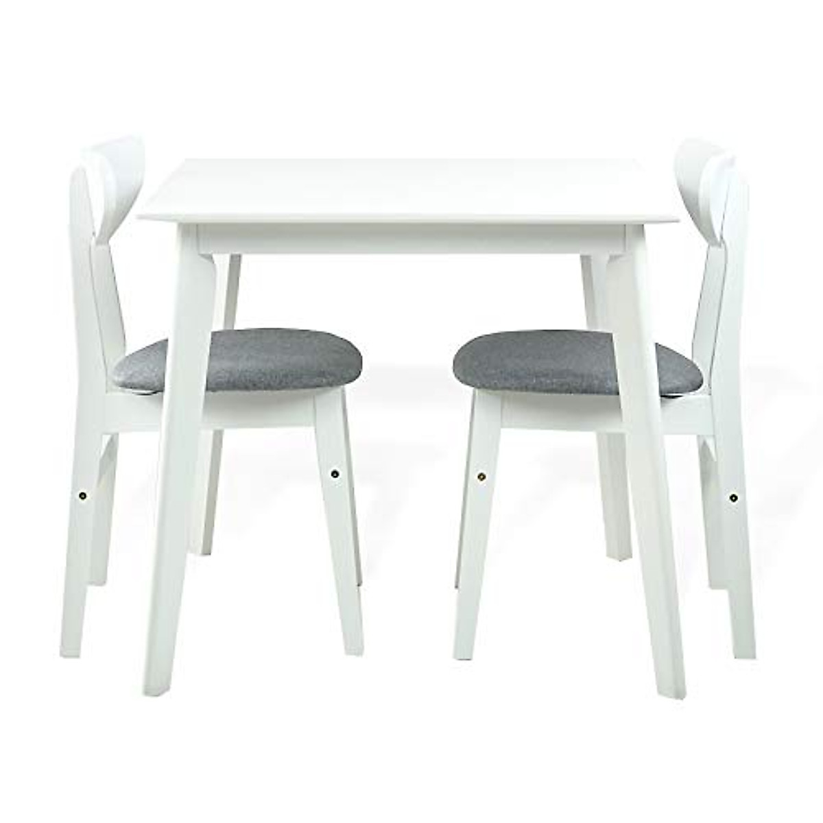 Wickerix Dining Room Set of 2 Yumiko Chairs and Square Dining Table Kitchen Modern Solid Wood w/Padded Seat, White Color with Light Gray Cushion
