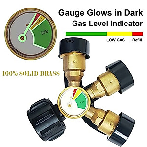 NQN Upgraded 3 Way Propane Splitter QCC/POL with Gauge and Shut-Off Valve, Propane Tank 3 Y Splitter Adapter, Propane LP Tank Fuel Tee Gauge Adapter Fitting 3 Way Propane Gas Splitter for Propane Tank