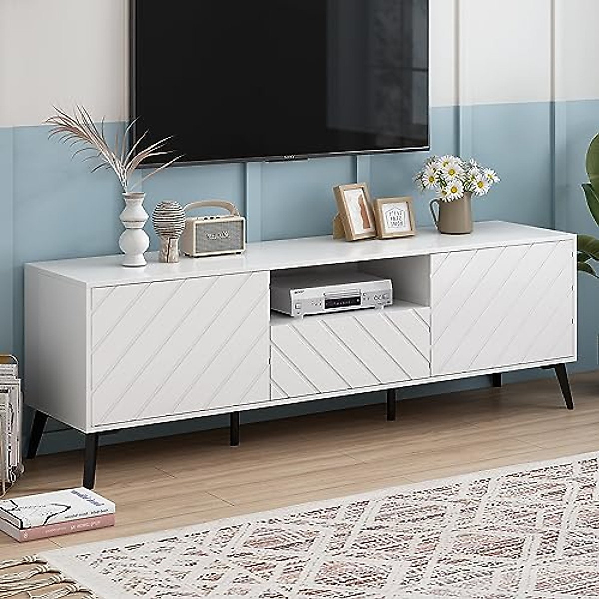 Furnicare Mid Century Modern TV Stand for 75 Inch TV, Entertainment Center Wood TV Cabinet with Drawer and Open Shelf, Media TV Console Table with Metal Feet for Living Room Bedroom, White