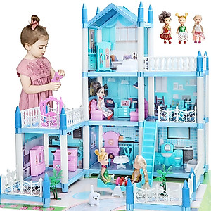 Doll House for Girls 2 3 4 5 6 7 8 Year Old - 3-Story 6 Rooms Dollhouse with 3 Dolls Light Accessories Furniture and Play Mat, DIY Pretend Dream Dollhouse Toy Gift for Kids (20.5'' x 16'' x 18.7'')