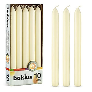 BOLSIUS 10 Count Household Ivory Dinner Candles - 9 Inches - Premium European Quality - Approx. 8 Hours Burn Time - Unscented Dripless and Smokeless, Restaurant, Wedding, Spa, and Party Candlesticks