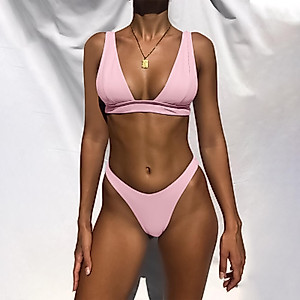 Bathing Suits for Women Deep V Neck Sexy Two Piece Bikini Sets for Women Thong Halter Cheeky Swimsuit (US, Alpha, Small, Regular, Regular, Pink)