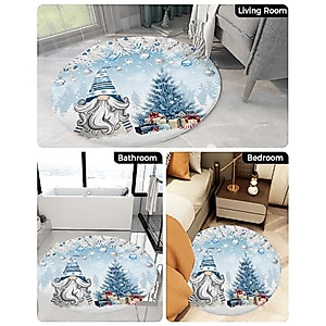 Christmas Fluffy Round Area Rug Carpets 5ft, Plush Shaggy Carpet Soft Circular Rugs, Non-Slip Fuzzy Accent Floor Mat for Living Room Bedroom Nursery Home Decor Winter Gnomes Xmas Silver Tree Pine Blue