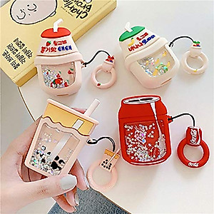 Rertnocnf Compatible with Earbuds Case Airpods 1 & 2, Creative 3D Quickstand Moving Bling Glitter Pearl Milk Tea Cup Cute Soft Silicone Protective Wireless Earphone Charging Case Decoration