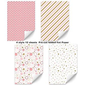 PlandRichW Birthday Wrapping Paper Folded for Girls, Women, Baby, Pink Wrapping Paper, Pink Gift Wrap for Birthday, Valentines, Christmas, Wedding, Baby Shower, Pre-cut 12 Sheets Each 20"X 29"
