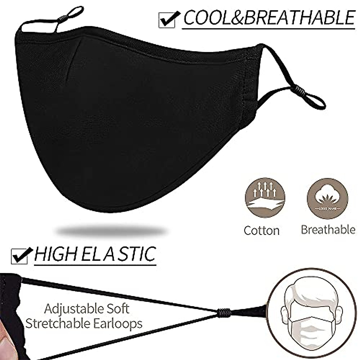 YYTDAISHU 10 Pack Black Reusable Breathable Cloth Face Protection, Adjustable Washable Male and Women Fashion Face Protection Cover