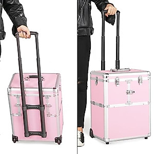 Yaheetech Professional Makeup Train Case Travel Makeup Trolley Rolling Cosmetic Case Beauty Train Case Beauty Organizer, Pink
