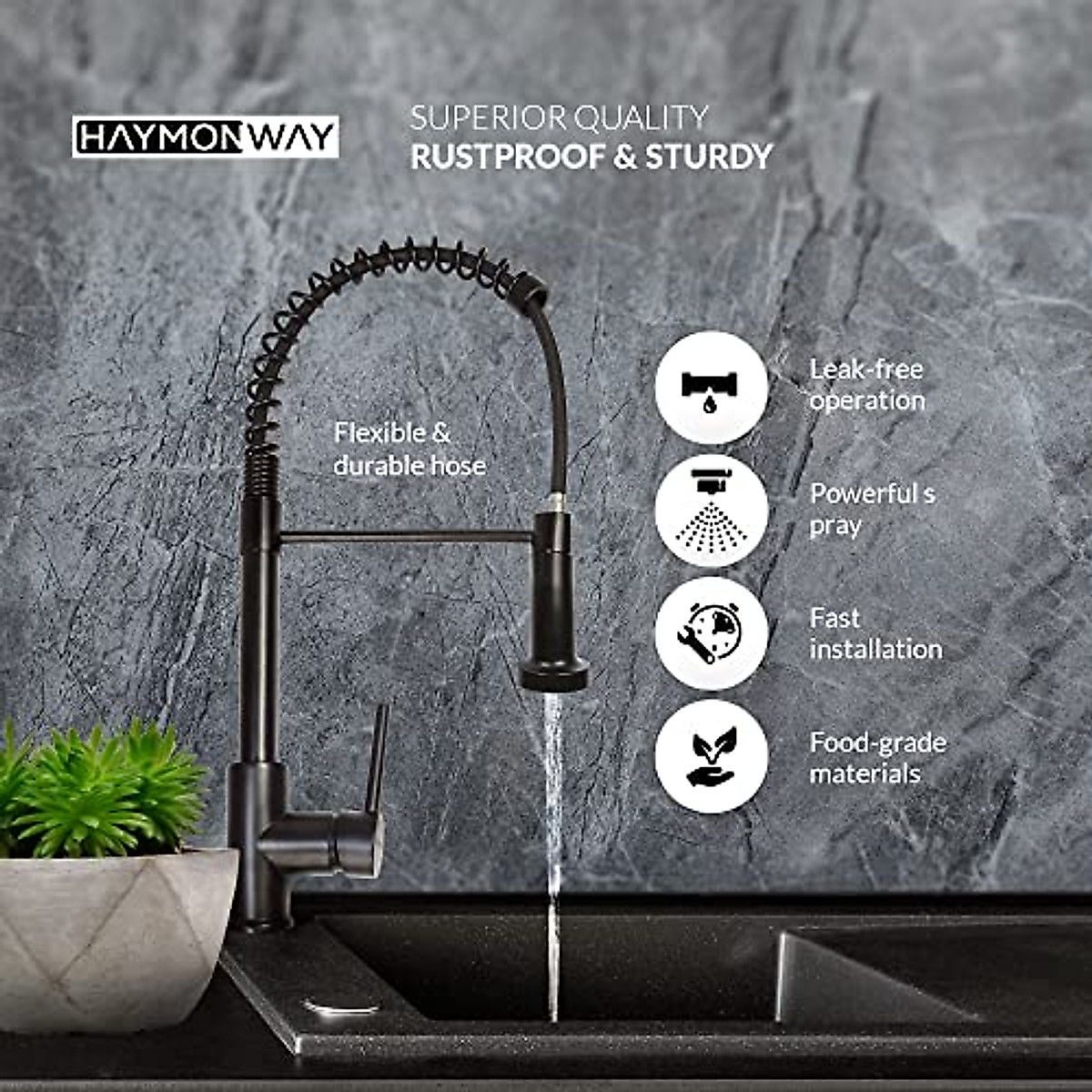 Haymonway Black Kitchen Faucet - Stainless Steel Kitchen Faucets with Pull Down Sprayer - 2 Functions & 360 Degree Kitchen Sink Faucet - Faucet for Kitchen Sink - 1 or 3 Hole Dual Function