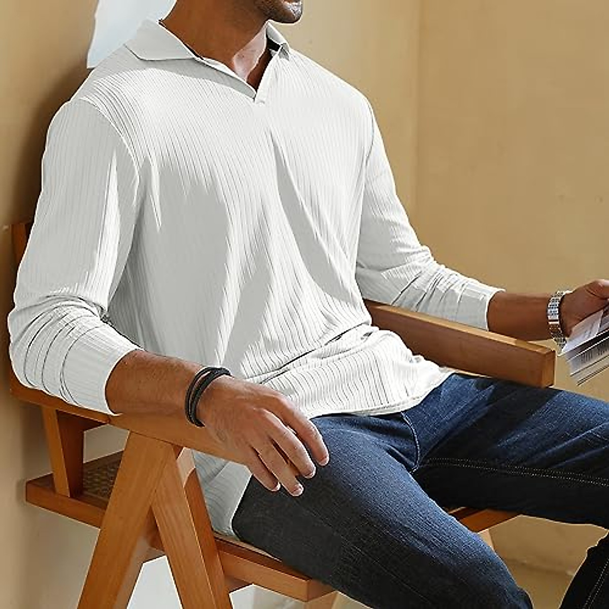 Lexiart Mens V Neck Polo Shirts Casual Long Sleeve Slim Fit Golf T-Shirts Cotton Top Tees White