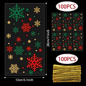 Resholder 100 Counts 28 x 13 cm Flat Clear Cellophane Treat Bags Block Bottom Storage Bags Sweet Bags with 100 Pieces Twist Ties For Christmas Party Favor (Red Green Gold Snowflake)