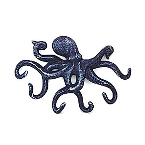 Hampton Nautical Rustic Octopus Hook 11" Decoration-Antique Vintage Cast Iron, Solid Dark Blue