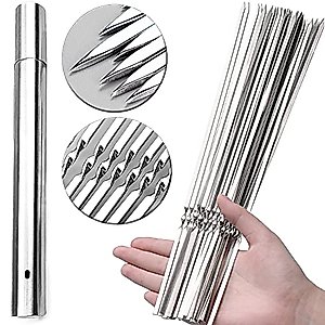 CenterZ 30 Pack Kebab Skewers, 15" Long Flat Stainless Steel BBQ Shish Kabob Skewers with Portable Metal Storage Tube, Reusable Meat Sticks Set for Grilling, Marshmallow, Vegetable, Shiskabob Barbecue
