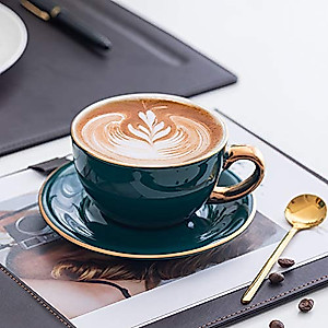 Coffeezone Luxury Gold 10 oz Thick Ceramic Latte Art Cappuccino Barista Cup with Saucer (Peacock Green)