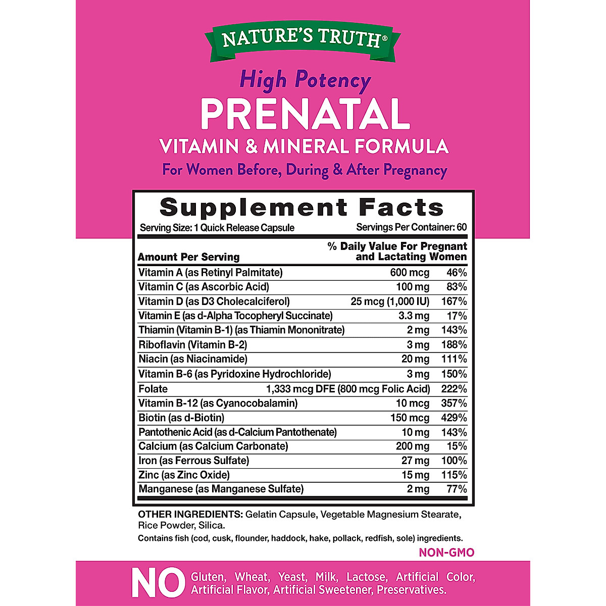 Prenatal Vitamins With Folic Acid | 60 Capsules | Non-GMO & Gluten Free Supplement | By Nature's Truth
