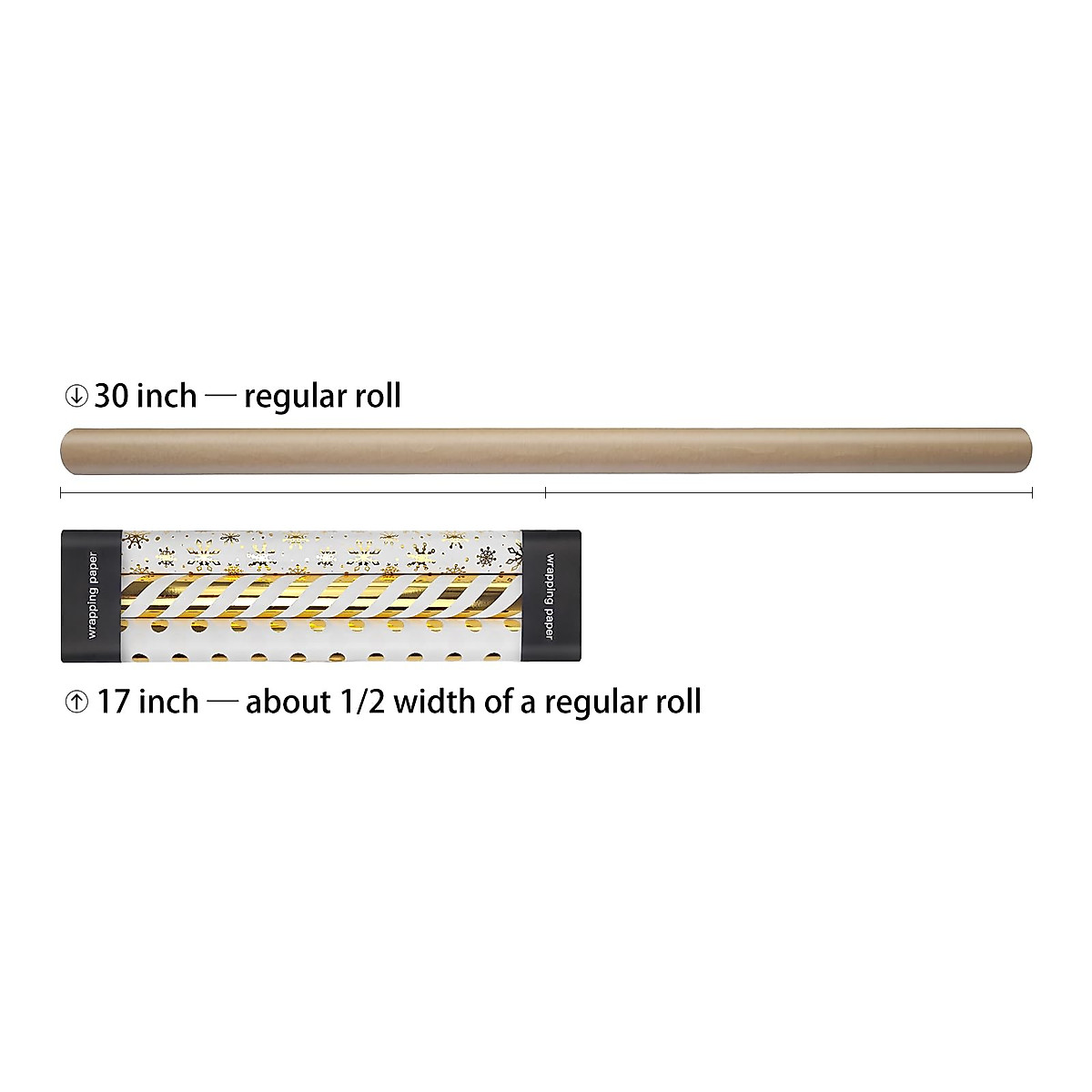 LDGOOAEL Mini Short Small Christmas Wrapping Paper Roll (17" X 120") - Gold Foil Snowflakes Stripe Polka Dot Design for Holiday, Birthday