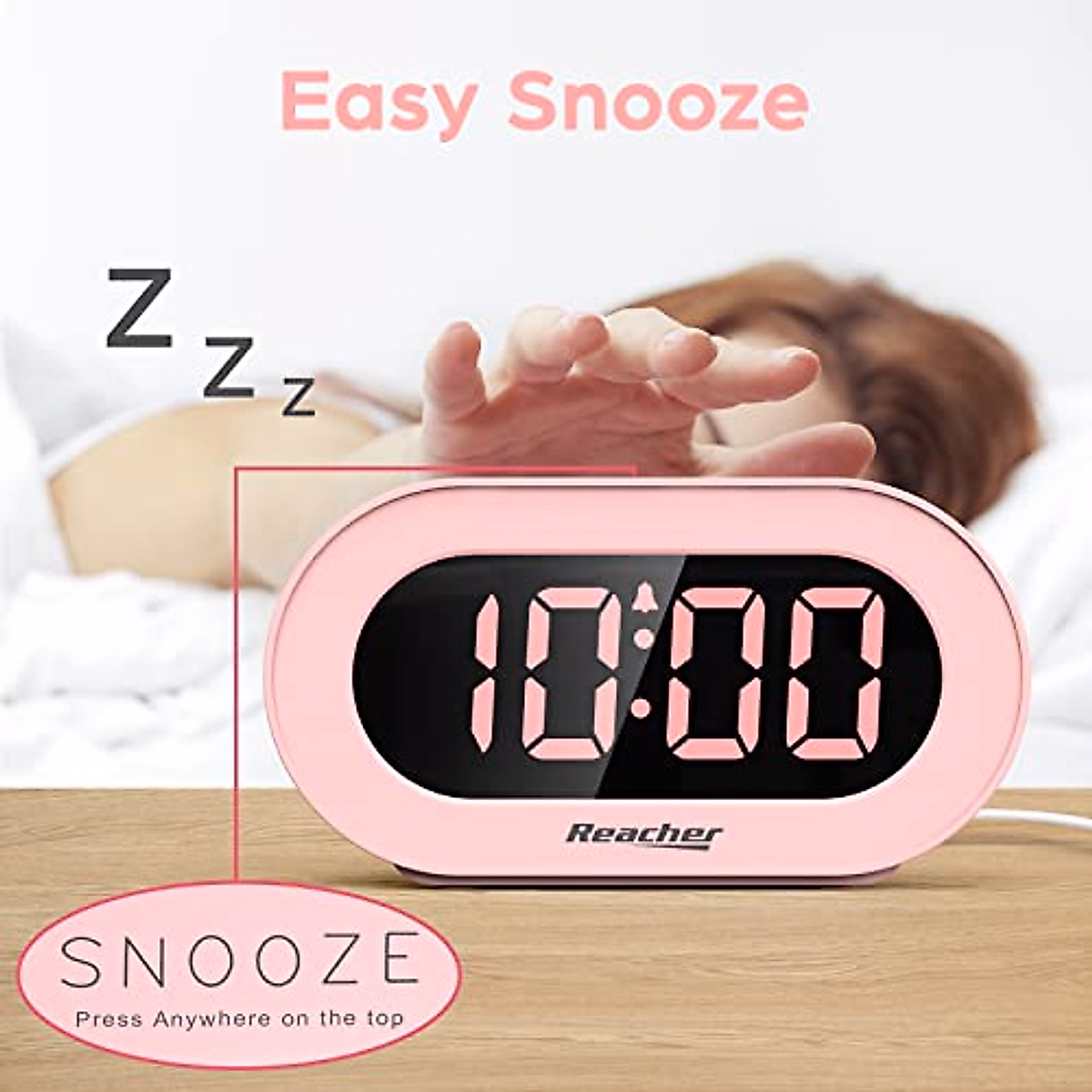 REACHER Pink Girls Alarm Clock for Kids Bedroom, Dimmable LED Digital Display, Outlet Powered, Adjustable Volume, Simple to Use, Snooze, Small Size for Bedside, Desk, Toddler