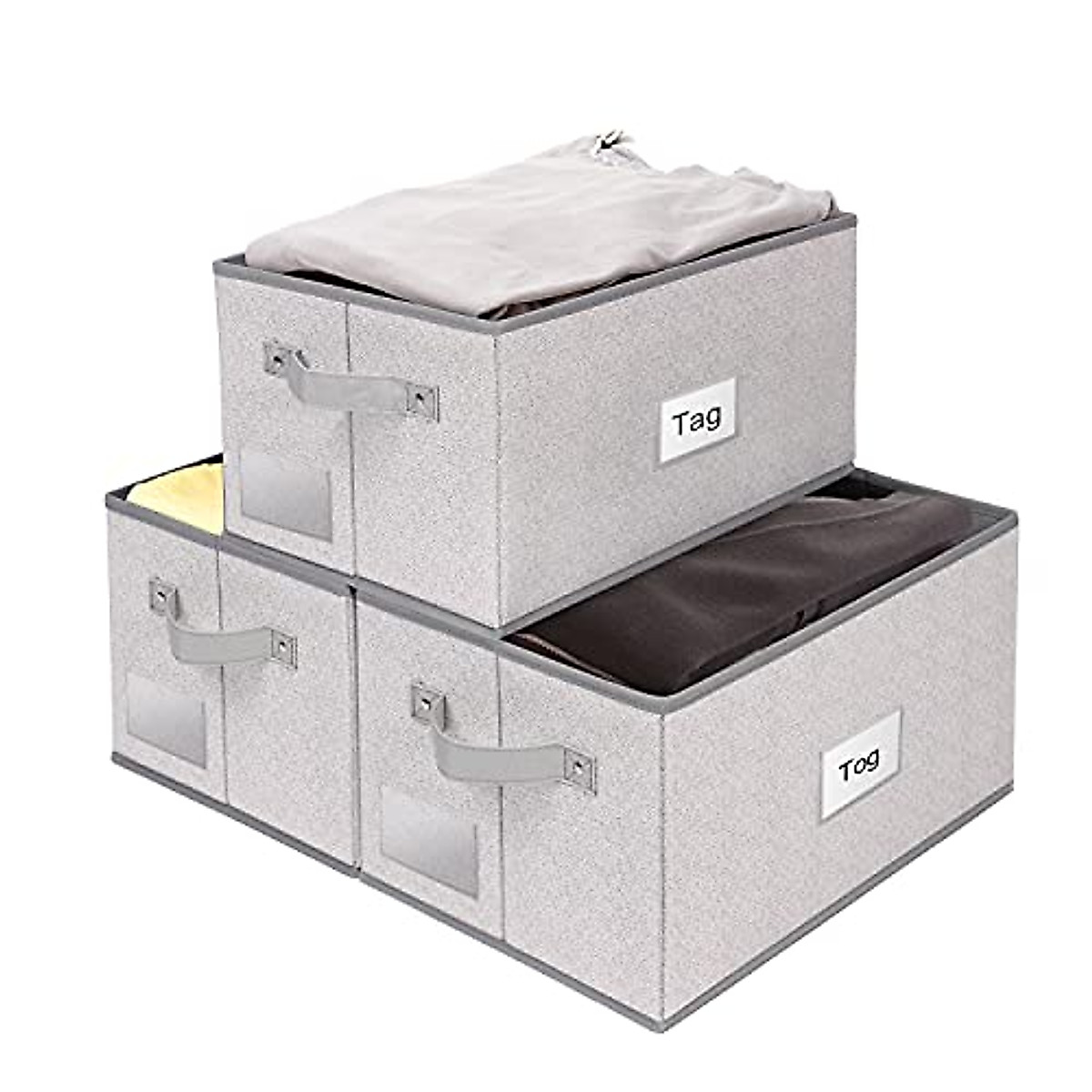 Kntiwiwo Storage Bin Fabric Storage Baskets for Closet Shelves Decorative Storage Boxes Rectangle Basket with Handles Labels for Home Bedroom Living Room Office 14.4”x10”x8.3” Gray Set of 3