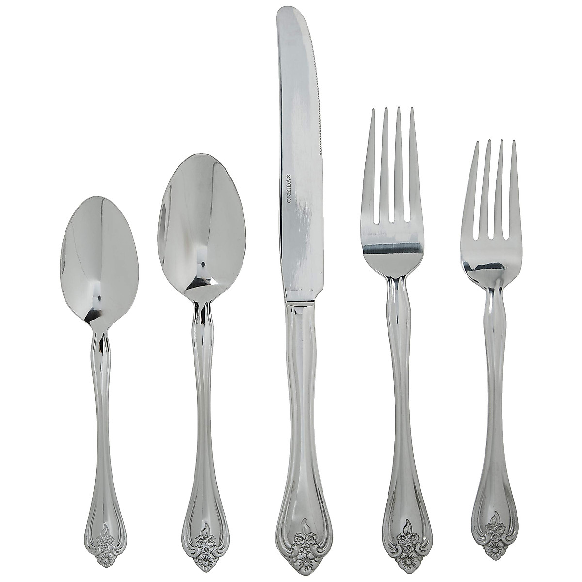 Oneida Boutonniere 45 Piece Everday Flatware, Service for 8, 18/0 Stainless Steel. Silverware Set, Dishwasher Safe, Multi