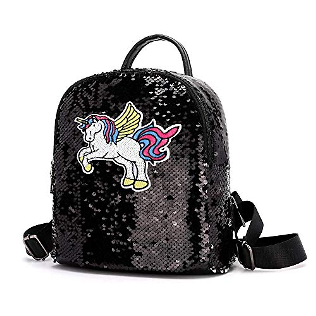 sikiwind Glitter Sequins Backpack Girls Cartoon Travel Colorful Shoulder Bag (Black)