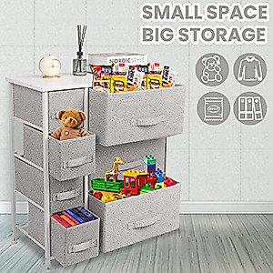 CONNOO 7 Drawer Dresser Storage Tower, 4-Tier Vertical Organizer Unit Chest for Bedroom, Hallway, Entryway, Closet, Nursery, Sturdy Steel Frame, Wooden Top, Easy Pull Fabric Bins, Gray/White