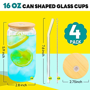 Joyclub Glass Cups with Bamboo Lids and Straws 4 Set 16 oz Reusable Iced Coffee Cup Beer Can Drinking Jars for Smoothie Whiskey Boba Soda Tea Gift