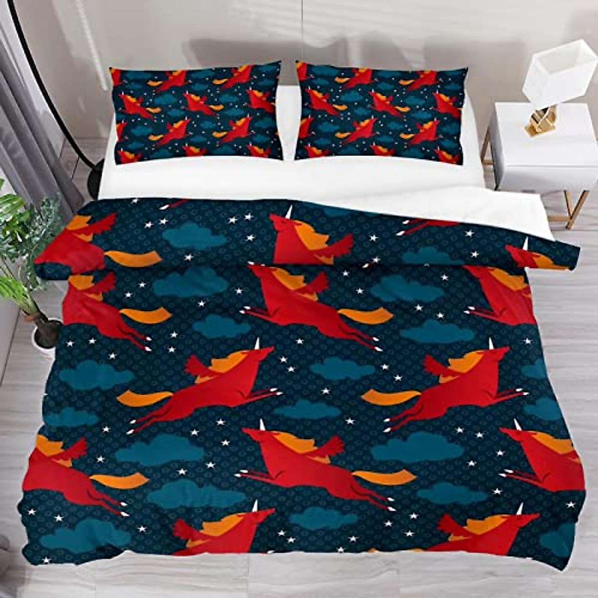 DragonBtu Unicorns Red 3 Piece with 2 Pillow Shams Comfortable Print Bedding Set Soft Comforter Cover Set for Women Girl