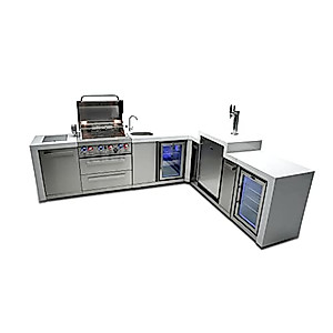 Mont Alpi MAi400-D90KEGBEVFC 32-Inch 4-Burner 78000 BTU 90 Degree Corner Stainless Steel Gas Outdoor Kitchen Bar Barbecue Island Grill w/ 3 Beer Tap Kegerator Keg Dispenser + Wine Cooler Refrigerator