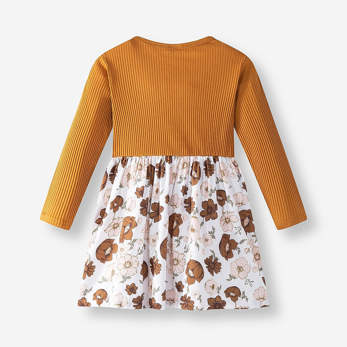 PATPAT Baby Toddler Floral Print Bowknot Dress Colorblock Round Neck Long sleeves Fall Dress for Girls 5-6 Years