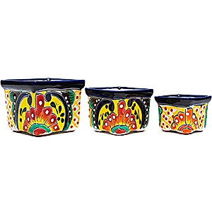Enchanted Talavera Handmade Mexican Pottery Talavera Ceramic 3 Piece Set Succulent Pot Set Mini Flower Planter Cactus Pot Home Office Desk Décor Gift Small Shelf Desk Window Pottery (Multi-Color)