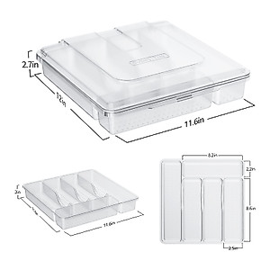 CDWMJ Silverware Organizer for Drawer & Countertop with Lid, Plastic Flatware Cutlery Tray with 5 Compartments, Dustproof Portable Kitchen Utensil Holder