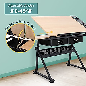 ZENY Drafting Table Art Desk Drawing Table Height Adjustable Artist Table Tilted Tabletop w/Drafting Stool and Storage Drawer for Reading, Writing, Crafting, Painting Art