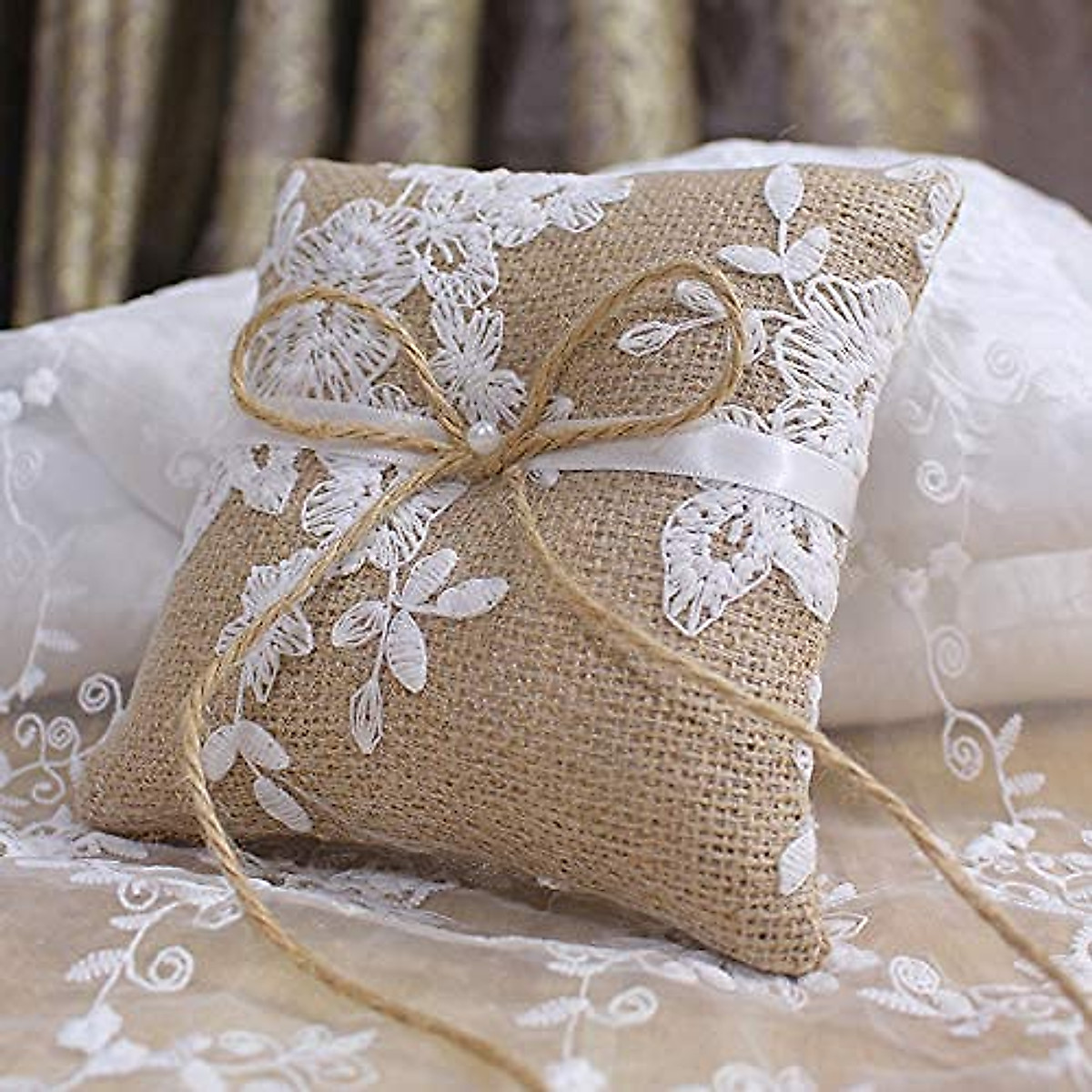 LABJULY Ring Bearer Pillows Lace Bow Flower for Fall Wedding Ceremony with Vintage Rustic Lace Bow Pearl Embroidered Flower Ribbon (6 inch)