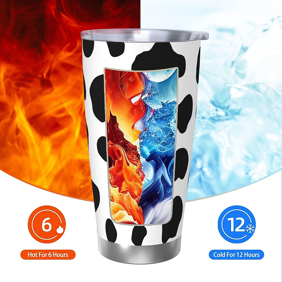 Black And White Cow Pattern 20oz Tumbler Stainless Steel Vacuum Insulated Coffee Travel Mug, Durable Insulated Coffee Travel Mug with Splash-Proof Lid Metal Straw and Brush Thermal Cup for Outdoor