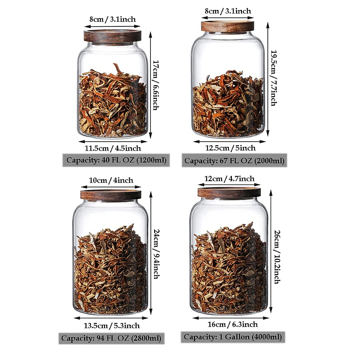 WINAKUI Large Glass Jars with Airtight Wooden Lid, Food Storage Glass Canister, Clear Cereal Storage Container for Flour, Sugar, Coffee Beans, Snack (94 FL OZ (2800ml))