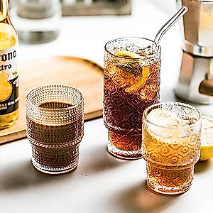 Glass Cups Vintage Glassware | Set of 4 Large, Embossed Stackable Pattern Style Transparent Cocktail Glasses Set, Ice Coffee Cup Juice Drinkware, Clear, 310ml (L)