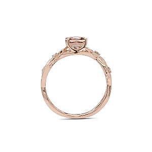 GEMVIO Collection Cushion Cut 6MM Morganite Solitaire Gemstone & Diamond Accent Vine Leaf in 14k Rose Gold Over Sterling Silver Engagement Promise Statement Wedding Ring(0.83Cttw) Size-7